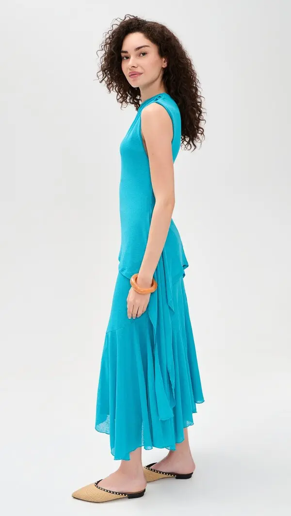 GANNI Marl Mesh Draped Knot Dress - River Blue