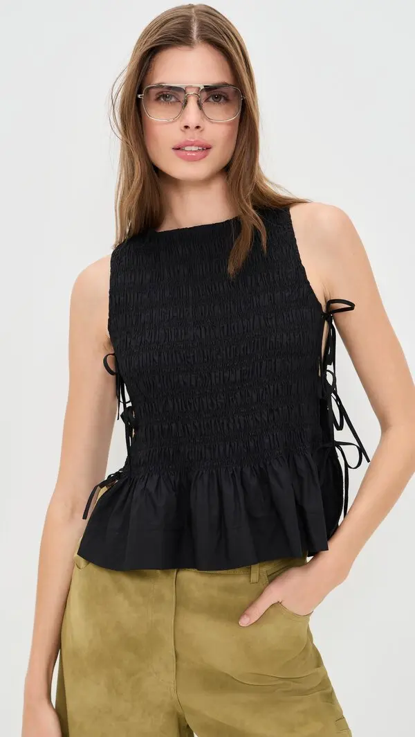 GANNI Poplin Smock Tie Top - Black