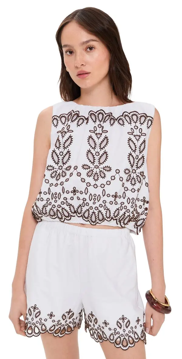 Madewell Embroidered Sleeveless Bubble Top In Poplin - White Eyelet