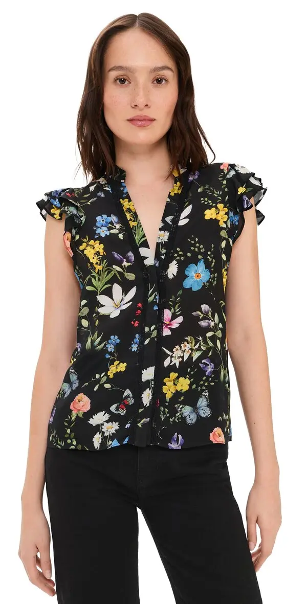 Alice + Olivia Arlette Flutter Blouse - Twisting Vines Black