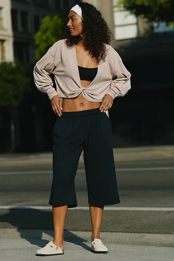Daily Practice 100% Cotton Knit Long Wide-leg Shorts - Black