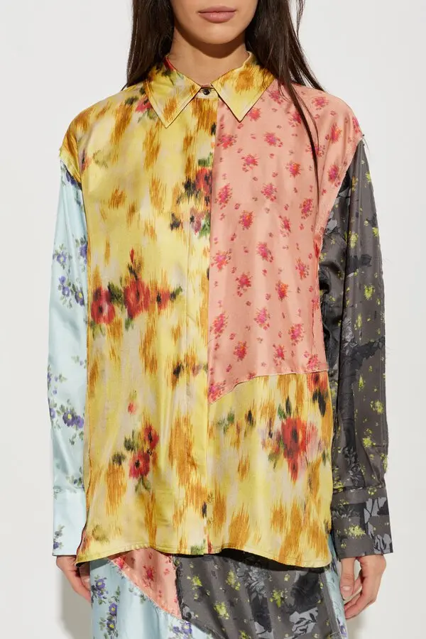GANNI Floral Print Silk Button Down Shirt