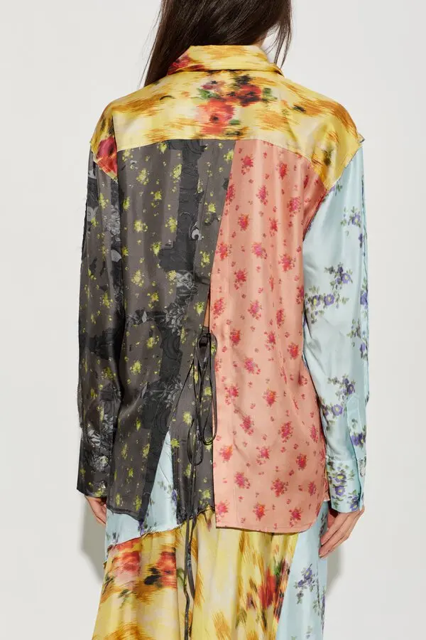 GANNI Floral Print Silk Button Down Shirt