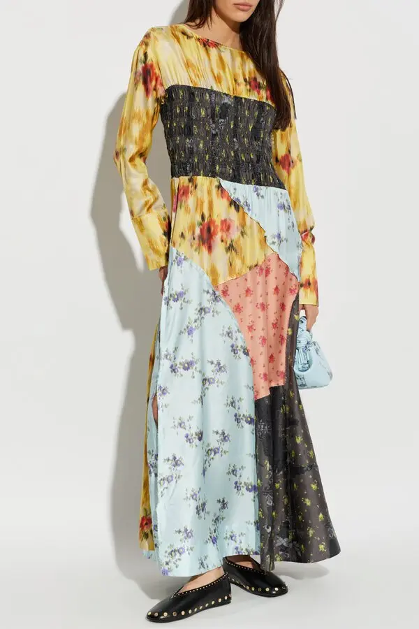 GANNI Long Silk Patchwork Dress