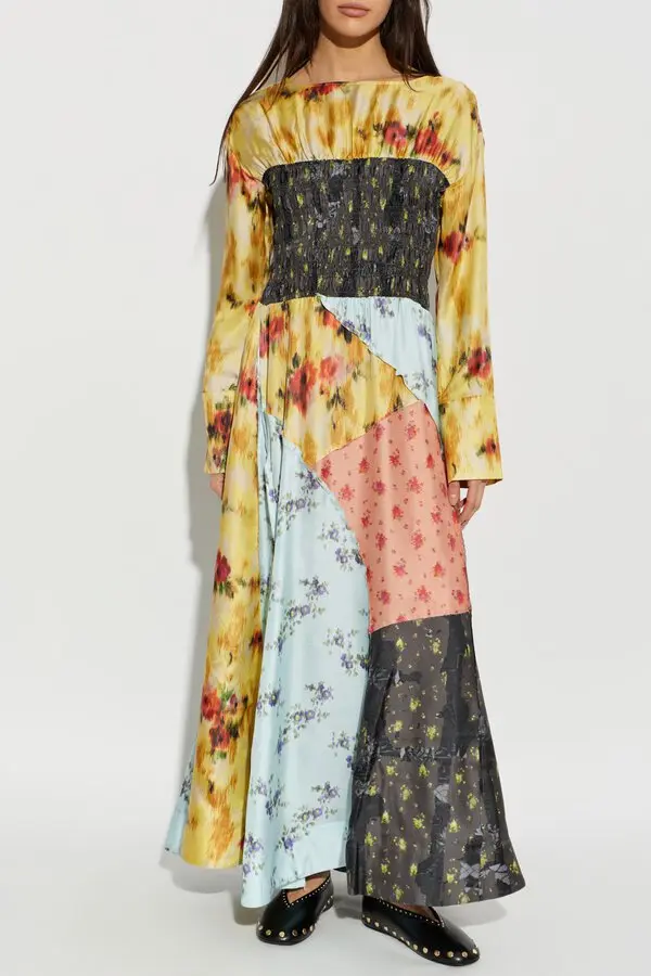 GANNI Long Silk Patchwork Dress