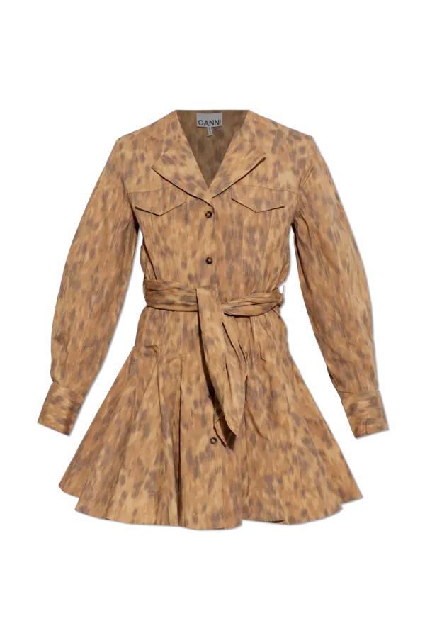 GANNI Belted Waist Dress - Brown
