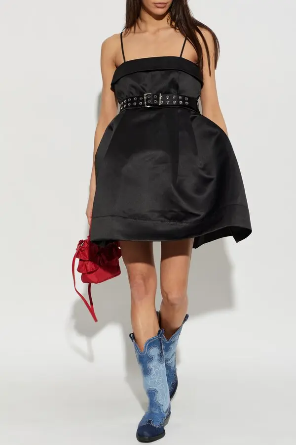 GANNI Mini Dress With Metallic Belt - Black