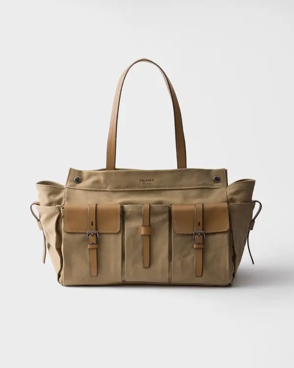 Prada Route Canvas And Leather Tote Bag - Khaki