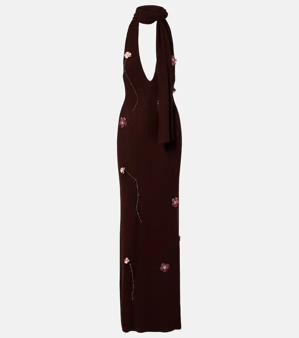 AYA MUSE Stem Floral-appliqué Knitted Maxi Dress - Brown