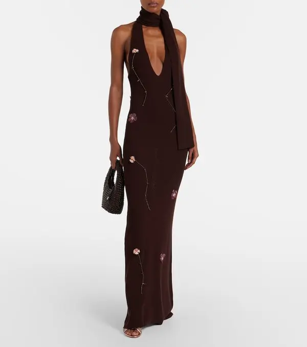 AYA MUSE Stem Floral-appliqué Knitted Maxi Dress