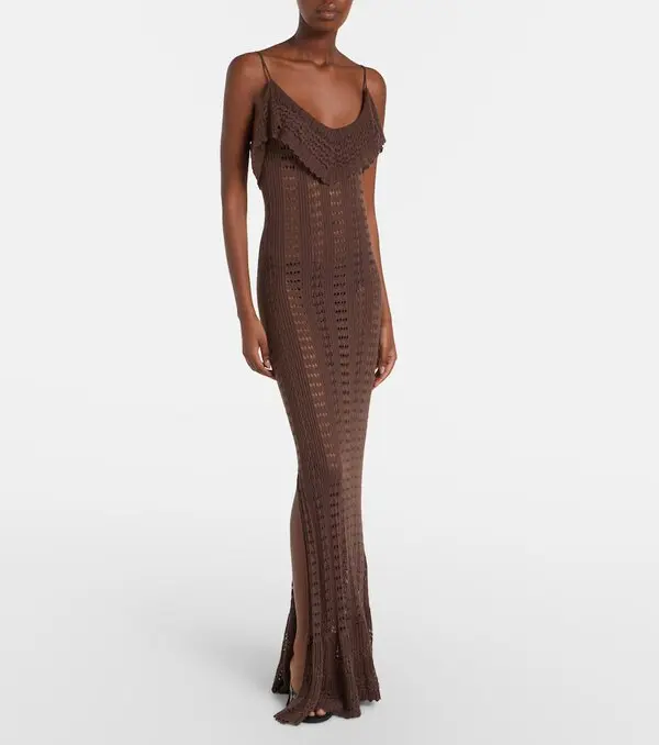AYA MUSE Ruffled Pointelle Maxi Dress - Brown