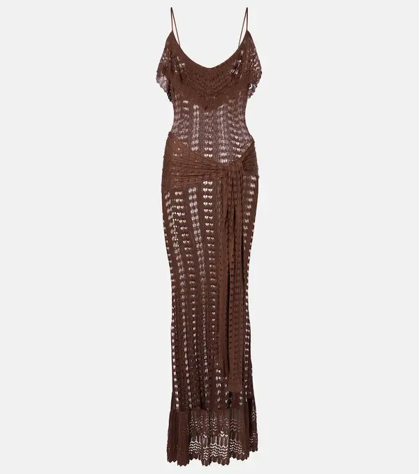 AYA MUSE Ruffled Pointelle Maxi Dress - Brown