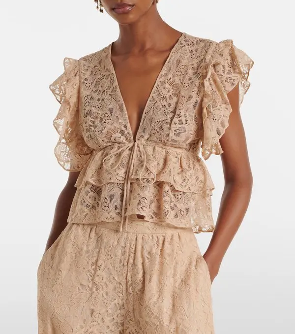 ADRIANA DEGREAS Ruffled Lace Crop Top