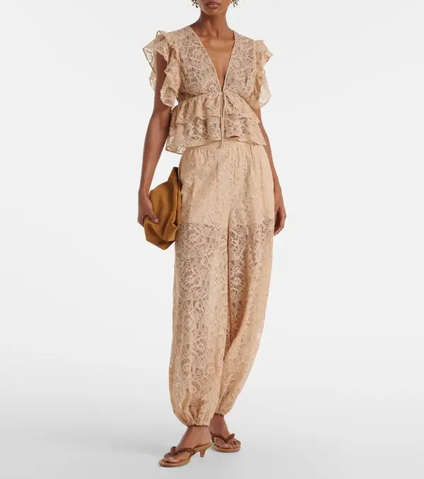 ADRIANA DEGREAS Ruffled Lace Crop Top