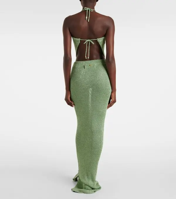 BANANHOT Alma Sequined Knitted Maxi Skirt In Sage - Green