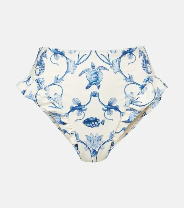 Agua Bendita Printed Ruffled Bikini Bottoms - White