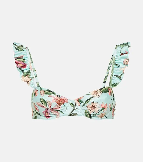 Agua Bendita Kiwi Floral Ruffled Bikini Top - Blue