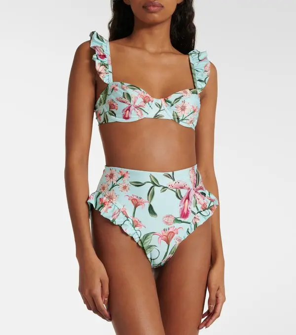 Agua Bendita Floral Ruffled Bikini Top - Blue