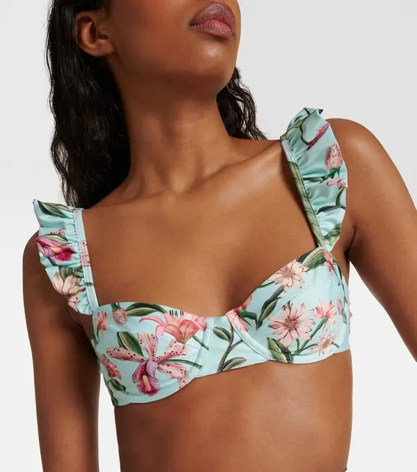 Agua Bendita Floral Ruffled Bikini Top - Blue
