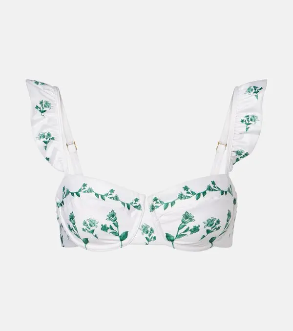 Agua Bendita Kiwi Floral Ruffled Bikini Top - White