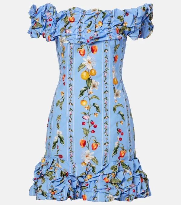 Agua Bendita Jardin Printed Off-shoulder Cotton Minidress - Blue