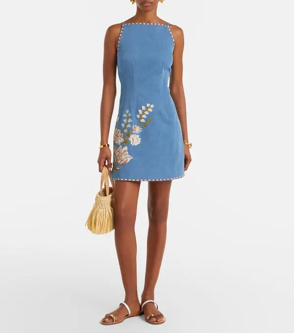 Veronica Beard Chester Floral Denim Mini Dress - Blue