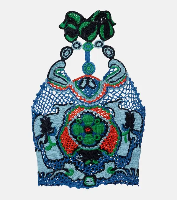 Etro Floral Crochet Cotton Halterneck Crop Top - Multicoloured