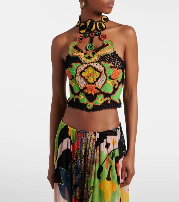 Etro Floral Crochet Cotton Halterneck Crop Top - Multicoloured