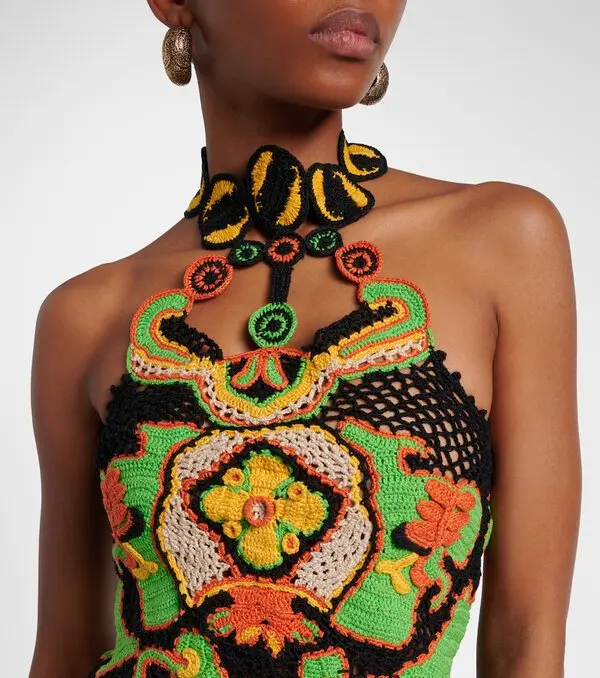 Etro Floral Crochet Cotton Halterneck Crop Top - Multicoloured
