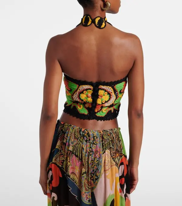 Etro Floral Crochet Cotton Halterneck Crop Top - Multicoloured