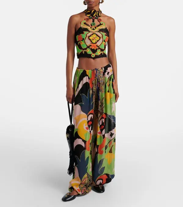 Etro Floral Crochet Cotton Halterneck Crop Top - Multicoloured