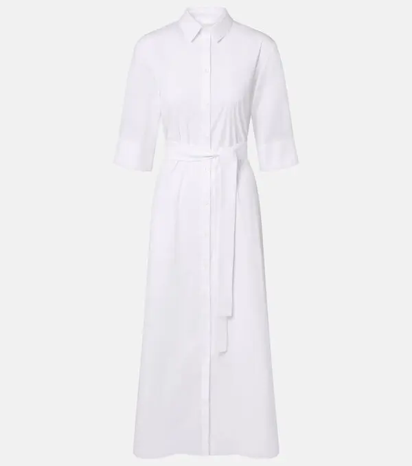 Max Mara Cognac Cotton-blend Midi Shirt Dress With Detachable Belt - White