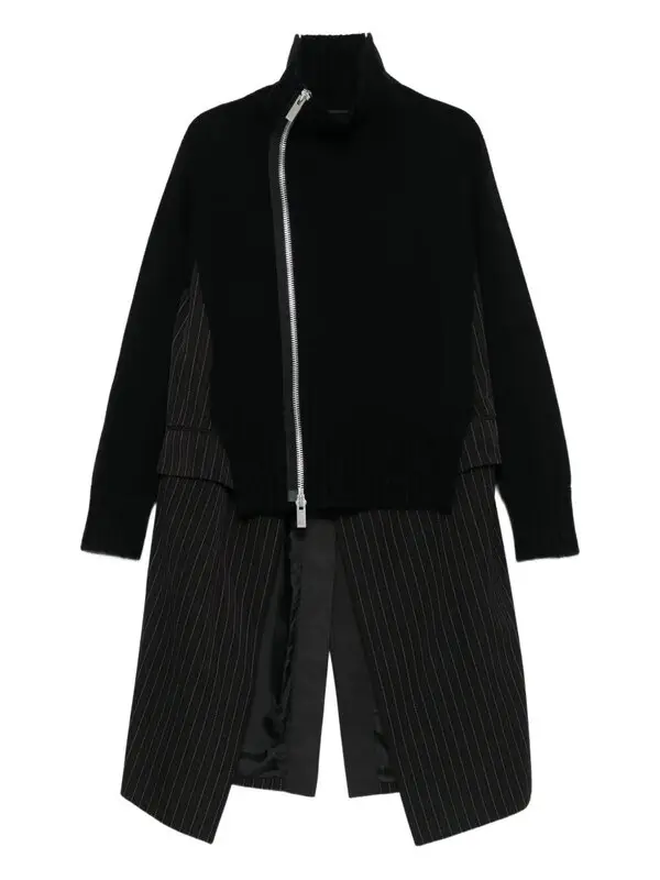 Sacai Stripe Doeskin X Wool Knit Coat Dress - Black