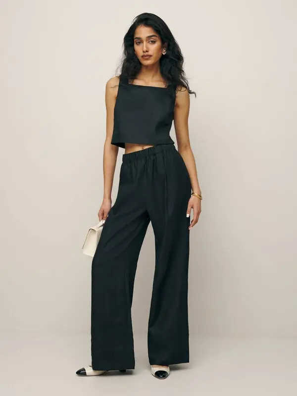 REFORMATION Fernando Linen Wide Leg Short Pant - Black