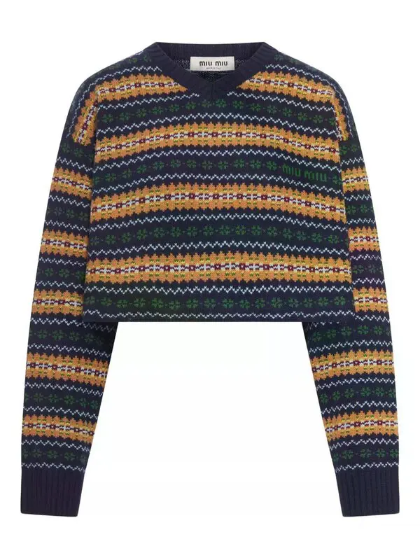 Miu Miu V-neck Jacquard Wool Sweater - Blue