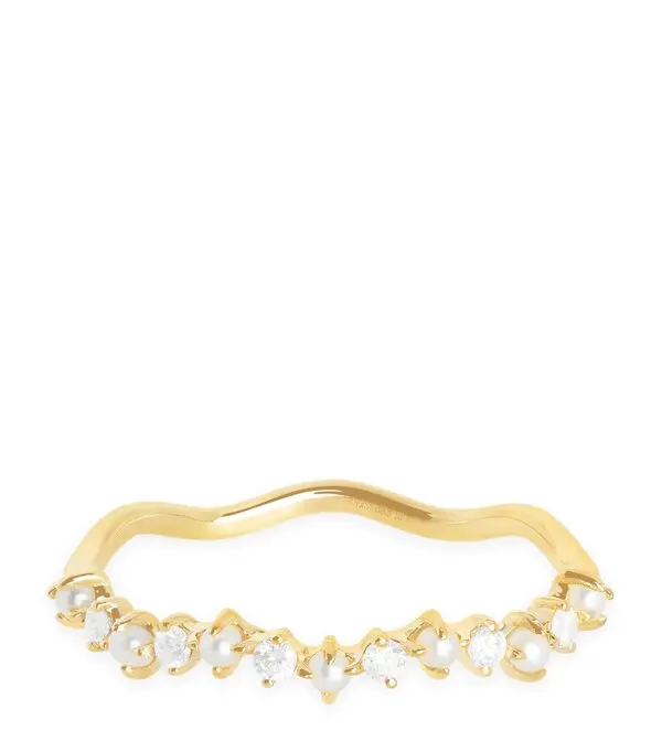 ASTRID & MIYU Diamond And Pearl Wave Ring - Gold