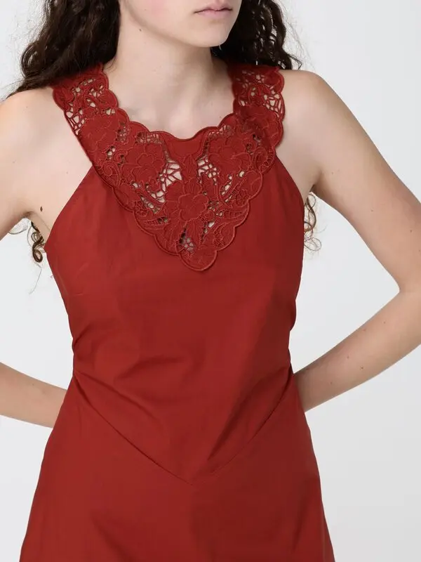 TWINSET Cotton Midi Dress With Embroidery And Lace - Brick Red
