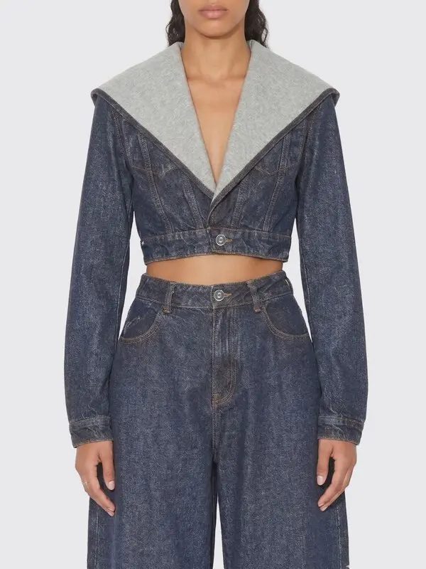 Alaïa Cropped Denim Jacket With Hooded Collar - Blue