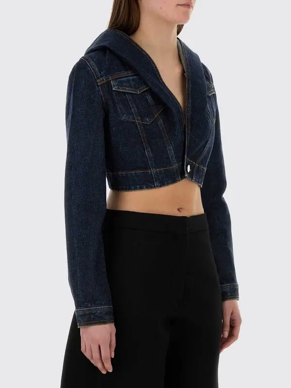 Alaïa Cropped Denim Jacket With Hooded Collar - Blue