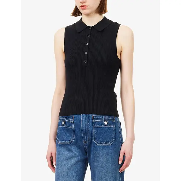 Paige Vesta Polo-collar Ribbed Knitted Top