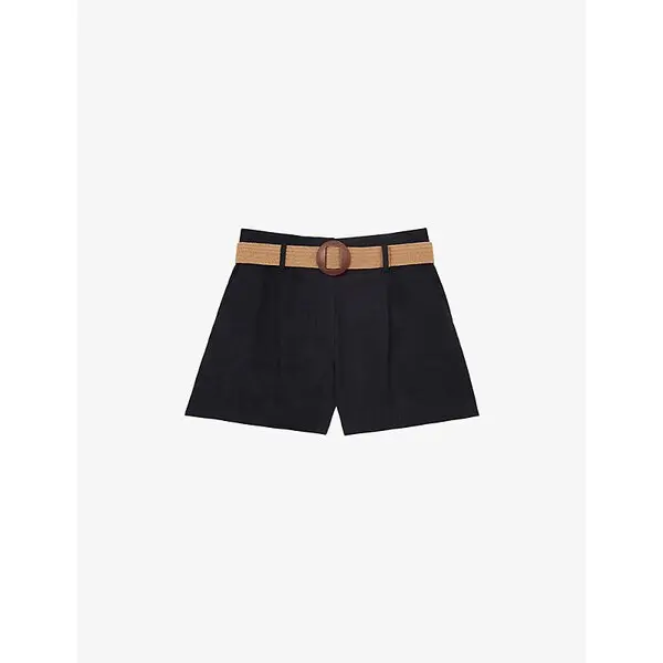 REISS Belted-waist Linen-blend Shorts - Navy