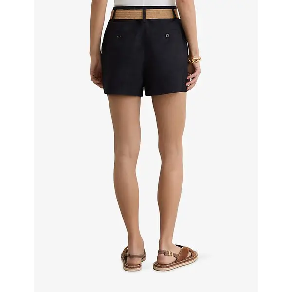 REISS Belted-waist Linen-blend Shorts - Navy
