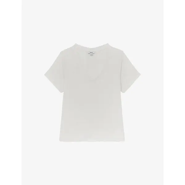 REISS Lola V-neck Linen T-shirt - White