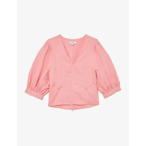 REISS Evie Balloon-sleeve Linen Top - Coral Pink