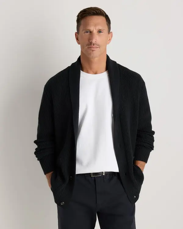 Quince Ribbed Shawl-collar Cardigan Sweater - Black