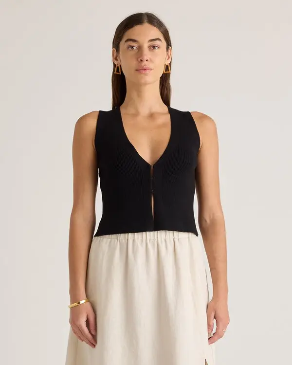 Quince Eco-knit Split Front Sweater Vest - Black