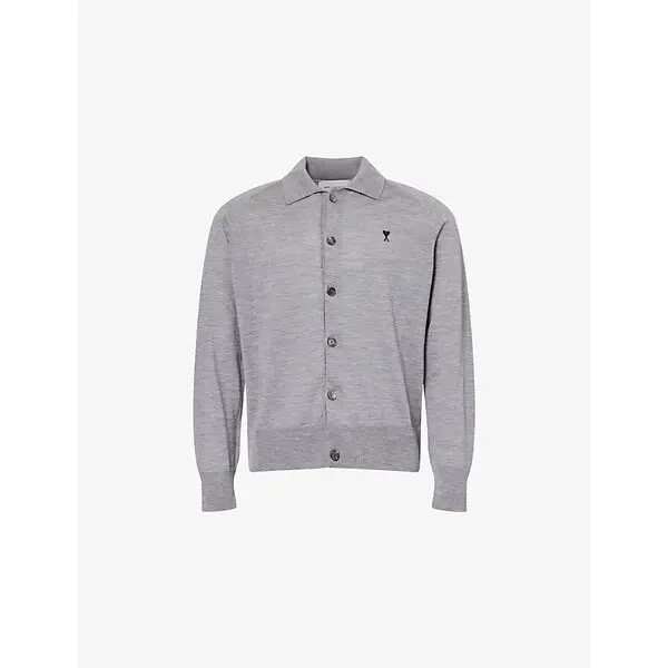 Ami Contrast De Coeur Wool Knit Cardigan Shirt - Gris Chine/ Noir