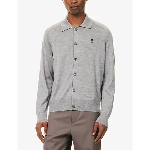 AMI Paris De Coeur Wool Knit Cardigan - Gris Chine/ Noir
