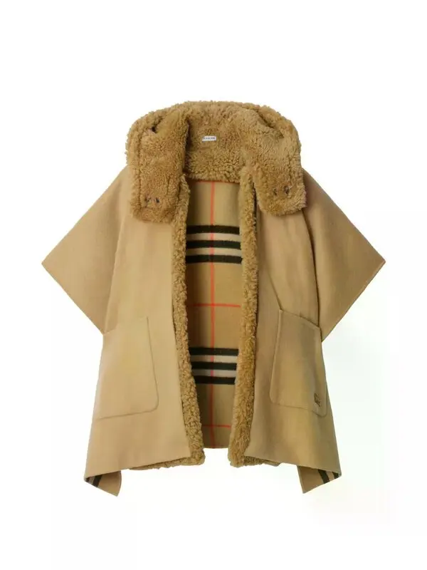 Burberry Reversible Check Cashmere Cape With Shearling Trim