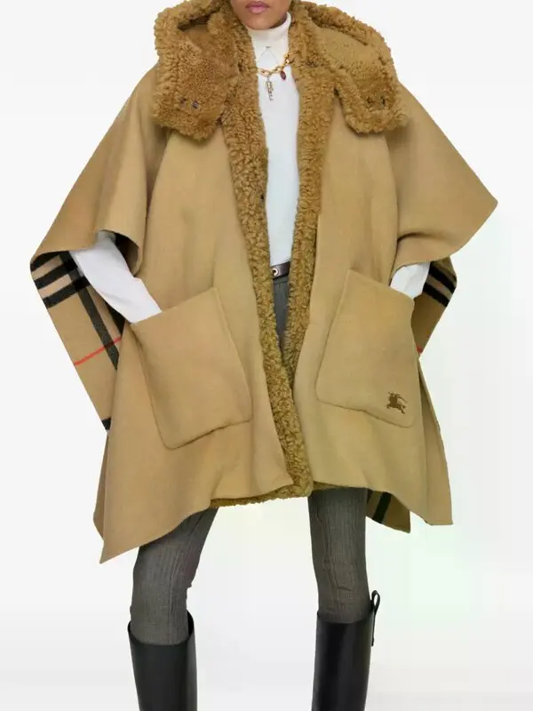 Burberry Reversible Check Cashmere Cape With Shearling Trim